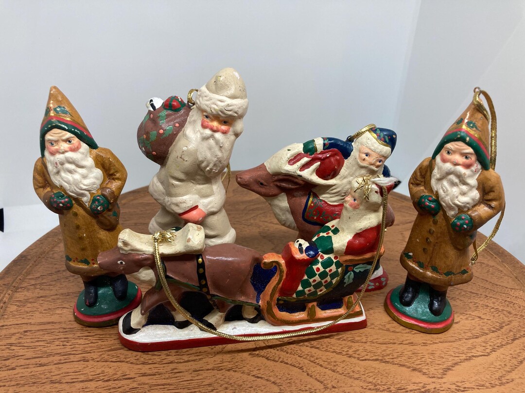 Vtg House of Hatten 1994 Folk Art Santa Ornaments Set of 5 Santa and ...