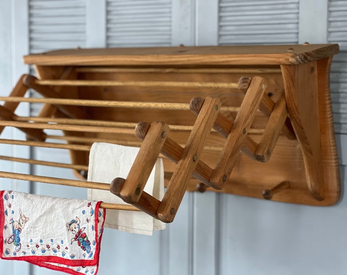 Vintage Wall Mounted Expandable Wood Accordion Drying Rack- Laundry ...
