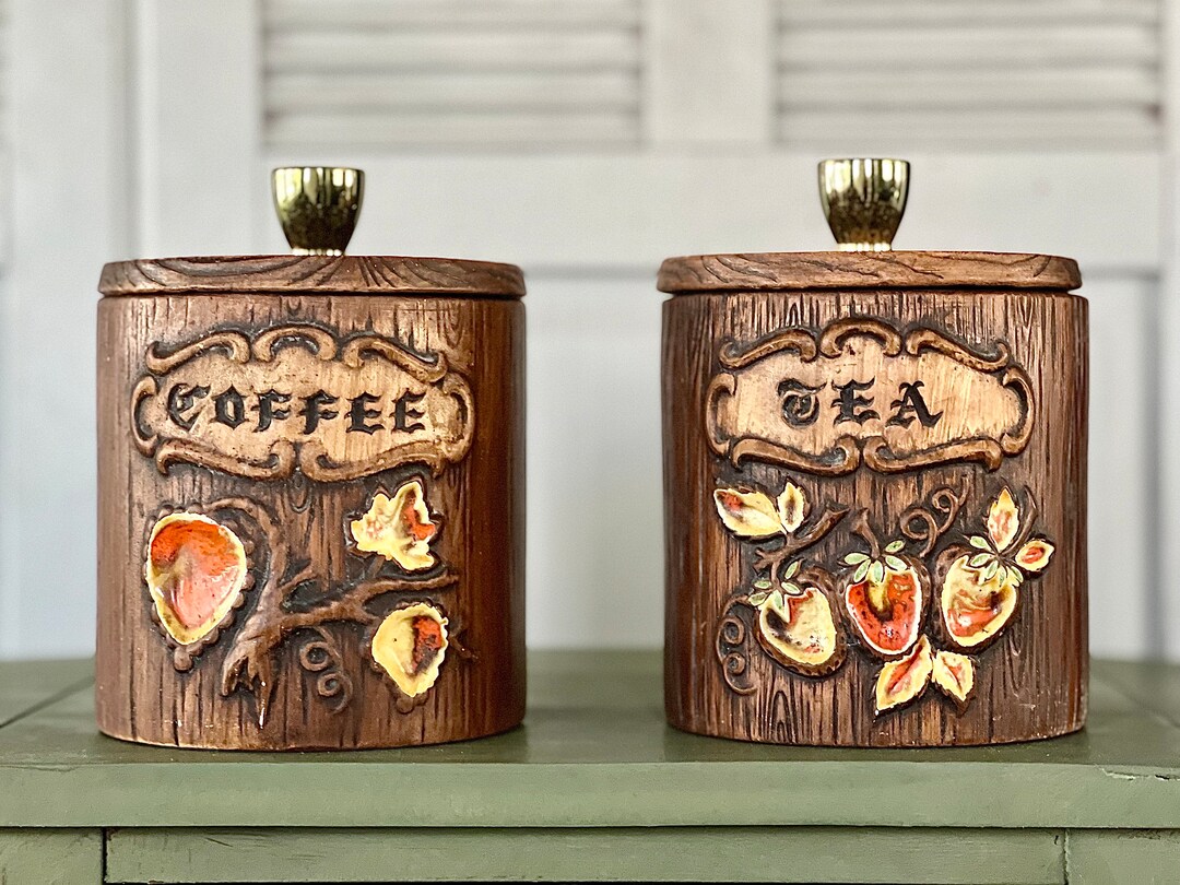 Vintage Canisters for Retro Kitchen, Treasure Craft Coffee and Tea Tree ...