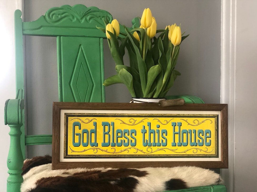 Vintage God Bless This House Print in Wood Frame Religious Housewarming ...