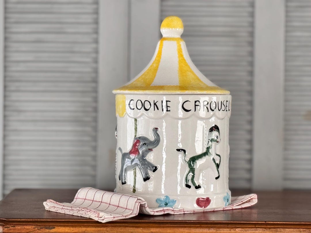 Vintage Circus Themed cookie Carousel Cookie Jar With Yellow Lid, Made ...