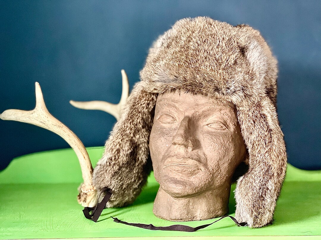 Vintage Rabbit Fur Aviator Hat, Warm Hunting Hat, Trappers Cap Made in ...