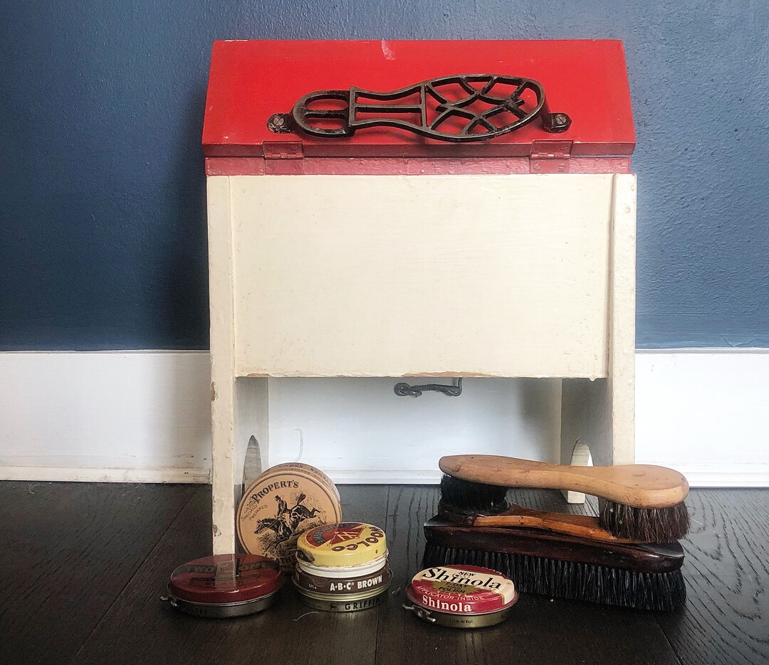 Primitive Vintage Shoe Shine Bench Kit With Supplies, Red Rustic Stool ...
