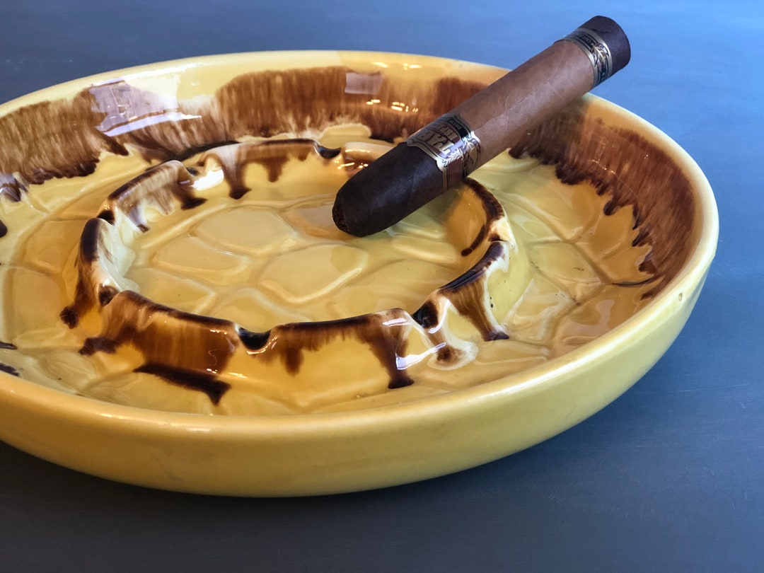 Large Vintage Cigar Ashtray in Yellow and Brown Drip Glaze, Retro ...