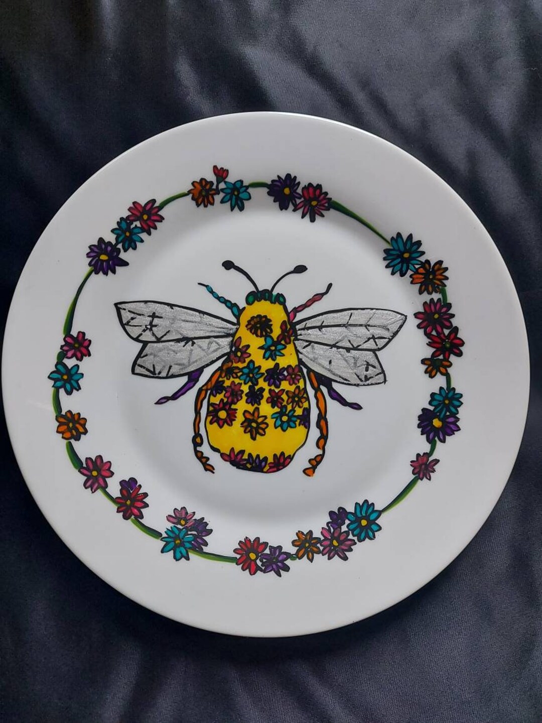 Large Hand Painted Bee and Flowers Plate. - Etsy