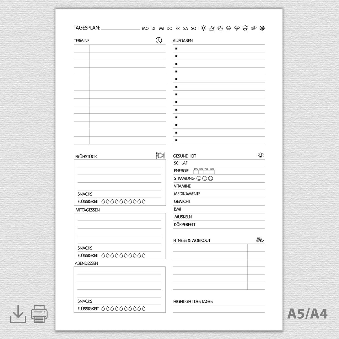 Daily Planner to Print Out, Fitness, Appointments and Tasks, A5 and A4 ...