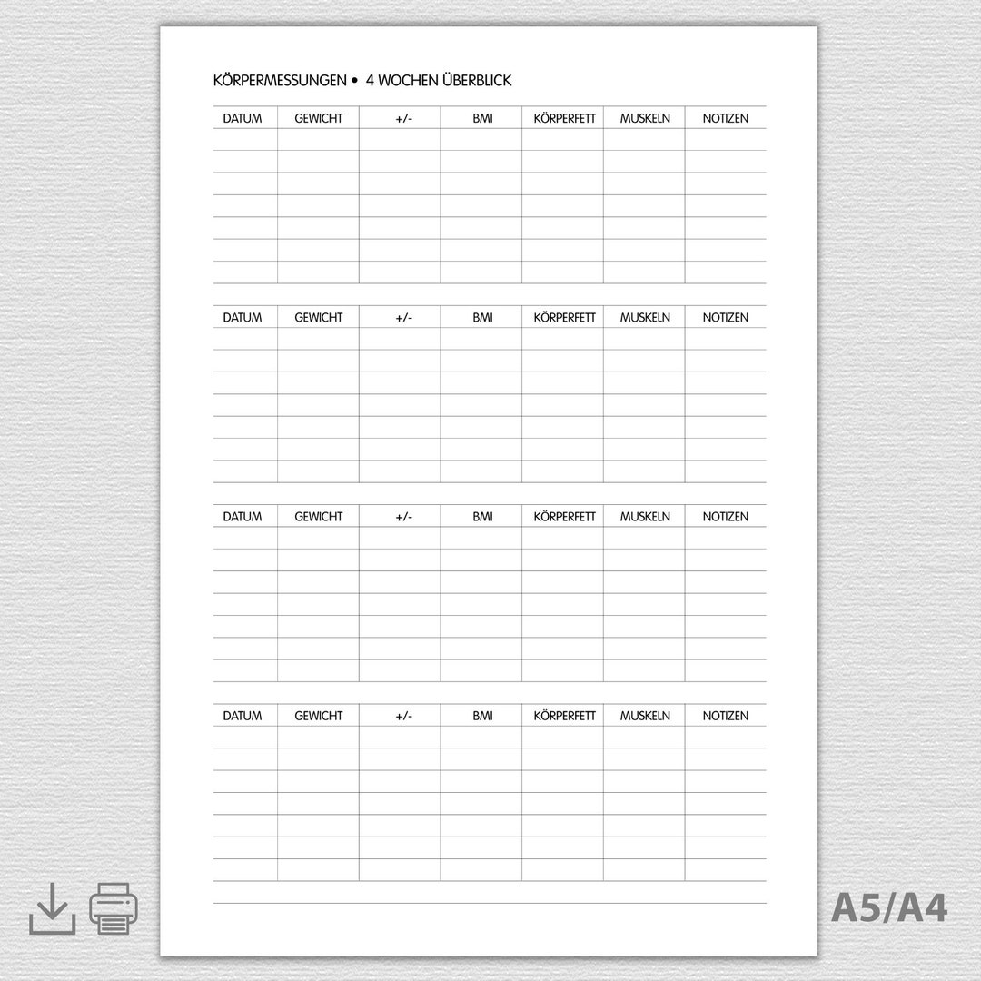 Printable Weight Tracker, A5 and A4, Weight, BMI, Muscle Mass, Fat ...