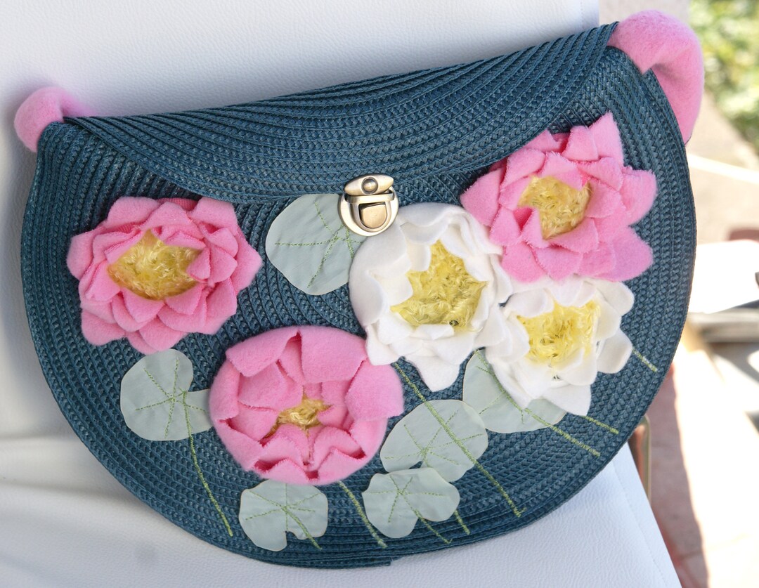 Round Basket Embroidered With Water Lily White and Pink Straw Basket ...