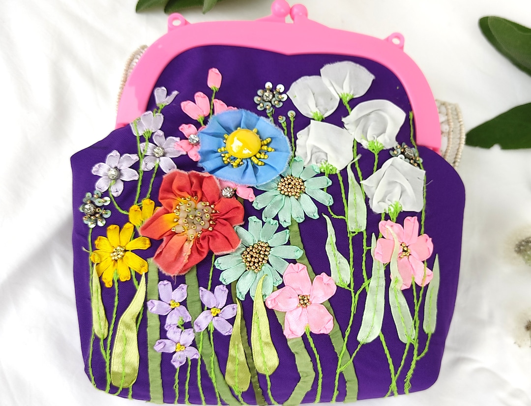 Violet Purse Bag With Kiss Lock Pink Frame Handbag With Silk Ribbon ...