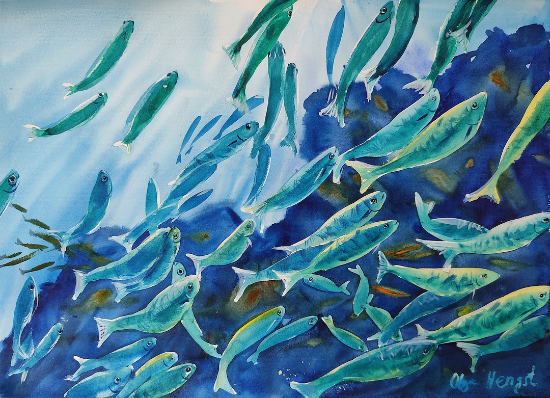 Fish Painting 20x14" Original Watercolour Contemporary Art Large Wall ...
