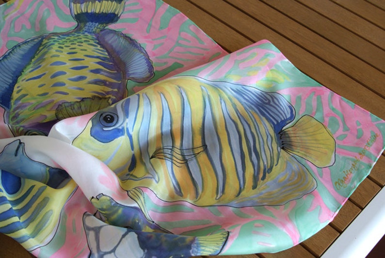 Silk Scarf Silk Painting Silk Cloth Women Gift Fish Coral Fish | Etsy