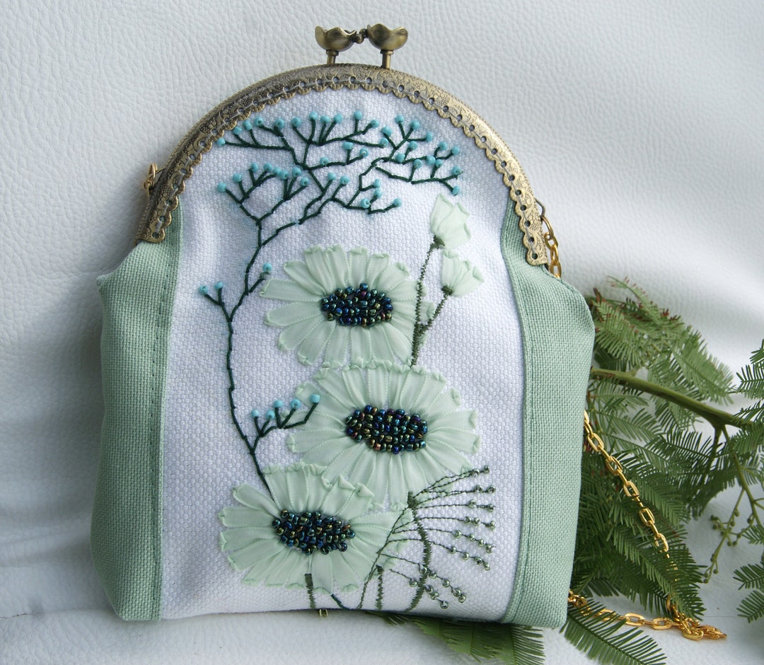 Turquoise Floral Coin Purse, Embroidered Kiss Lock Purse, Linen Bag ...