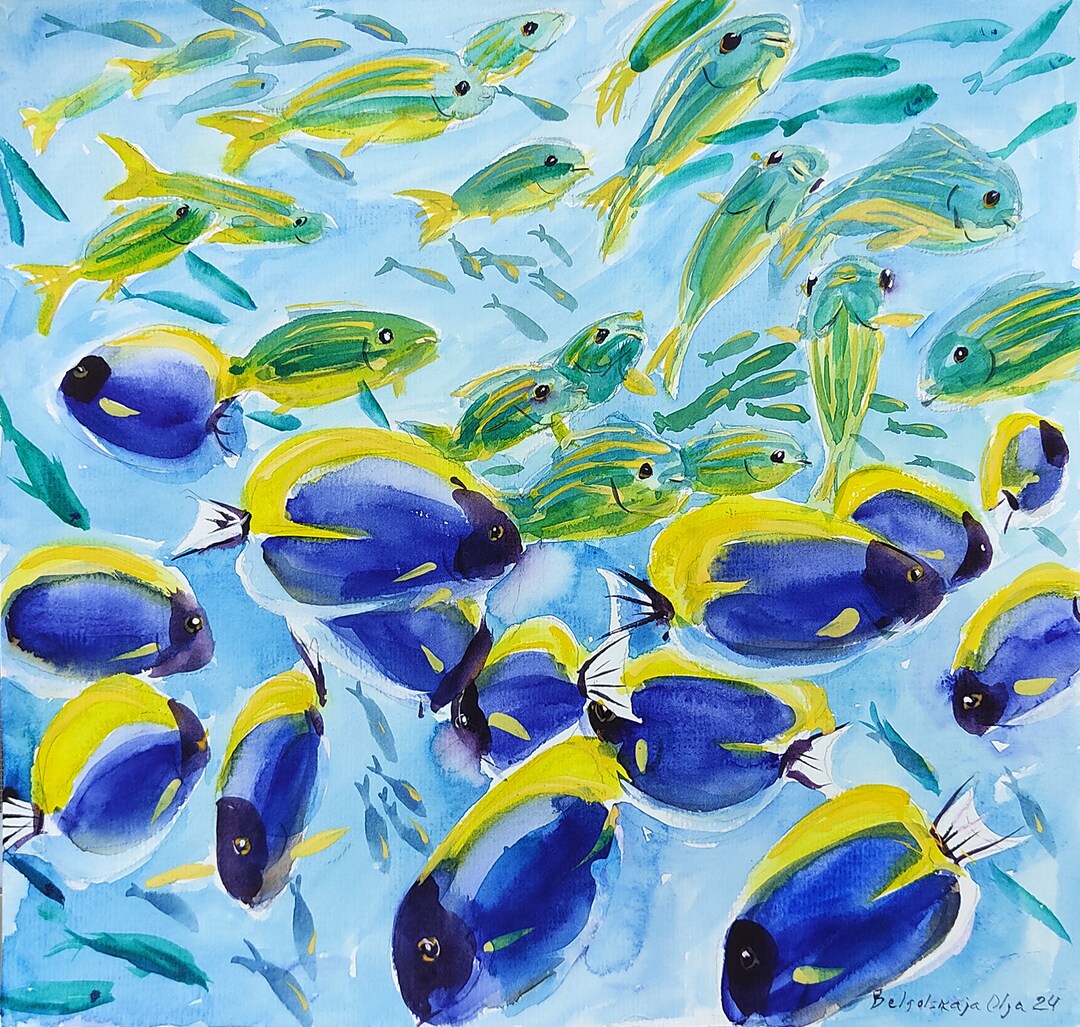Blu Tang Fish Painting 12x12" Original Watercolour Contemporary Fine ...