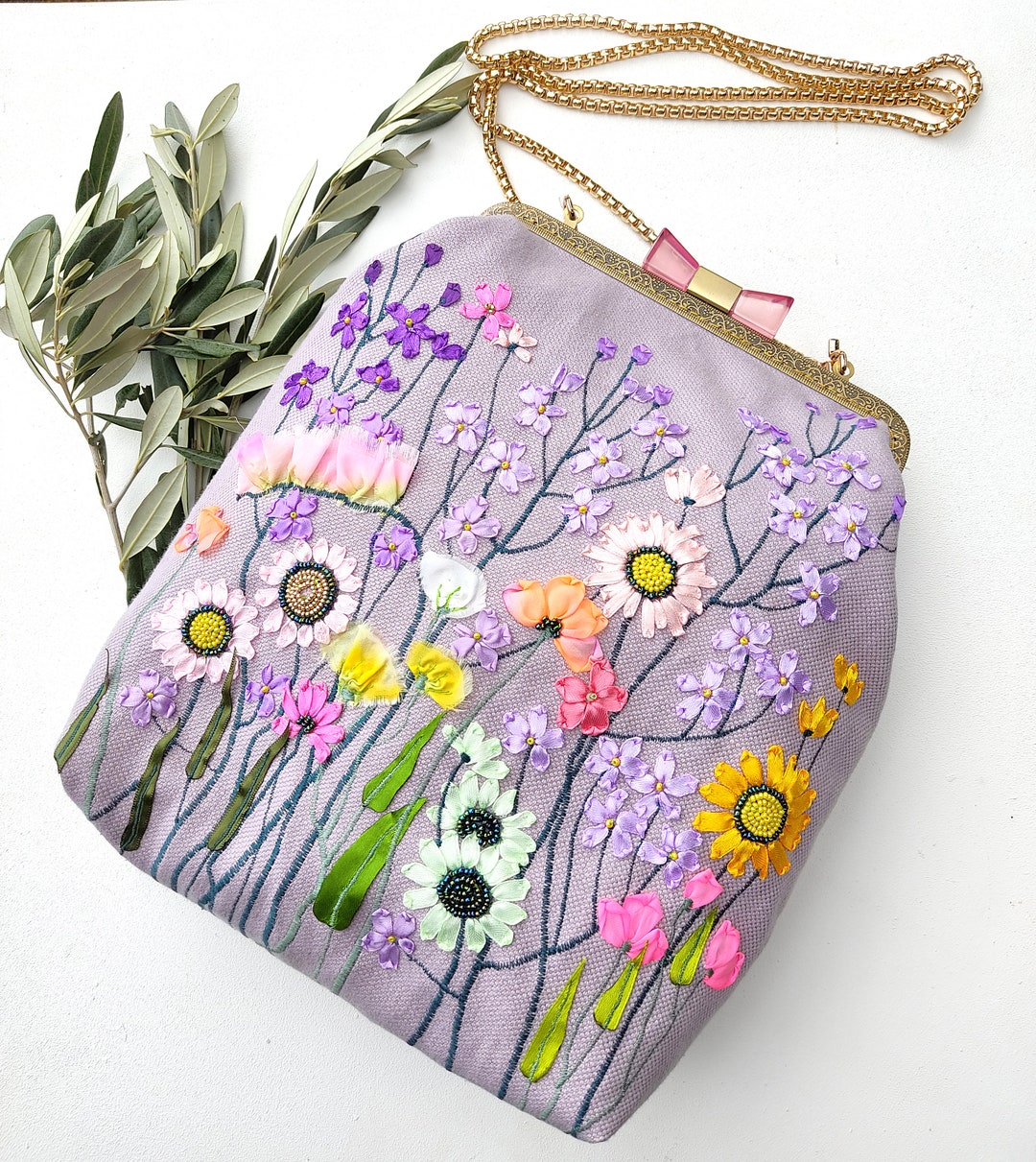 Hand Embroidered Evening Bag Handbag Wedding Clutch Gift Silk Ribbon ...