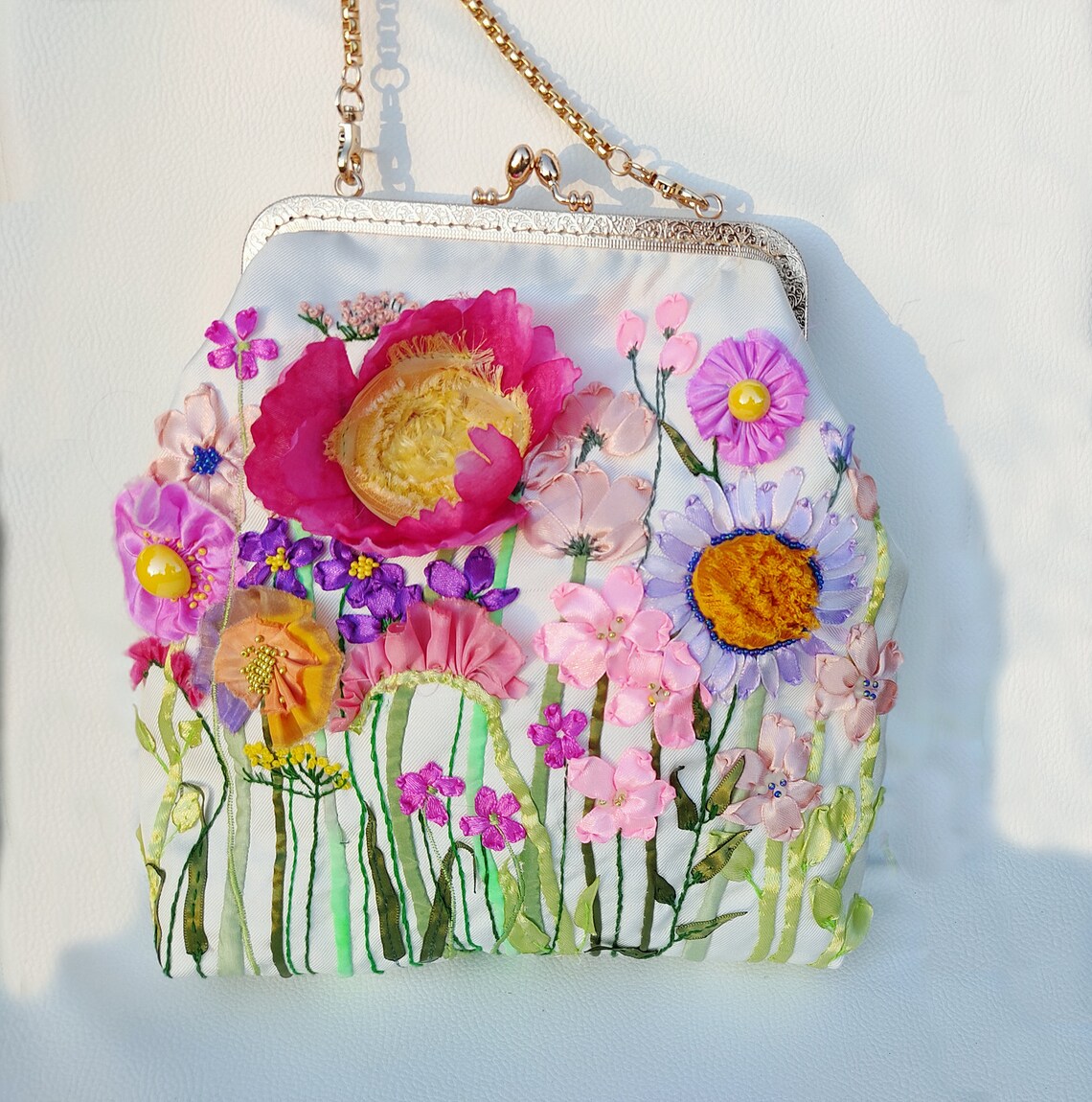 Silk Ribbon Embroidered Hand Bag Purse With Gold Chain Hand - Etsy