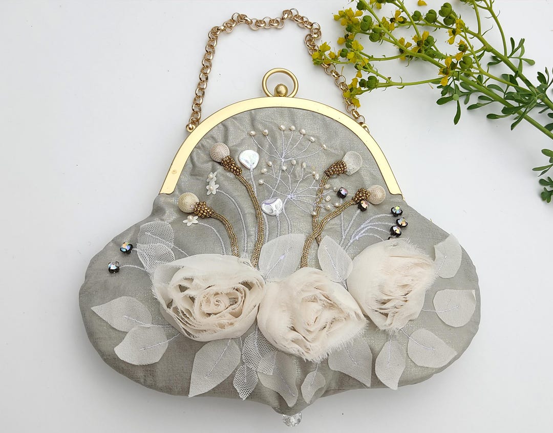 Silk Rose Embroidered Bridal Bag Victorian Silver Purse Pouch Beadwork ...