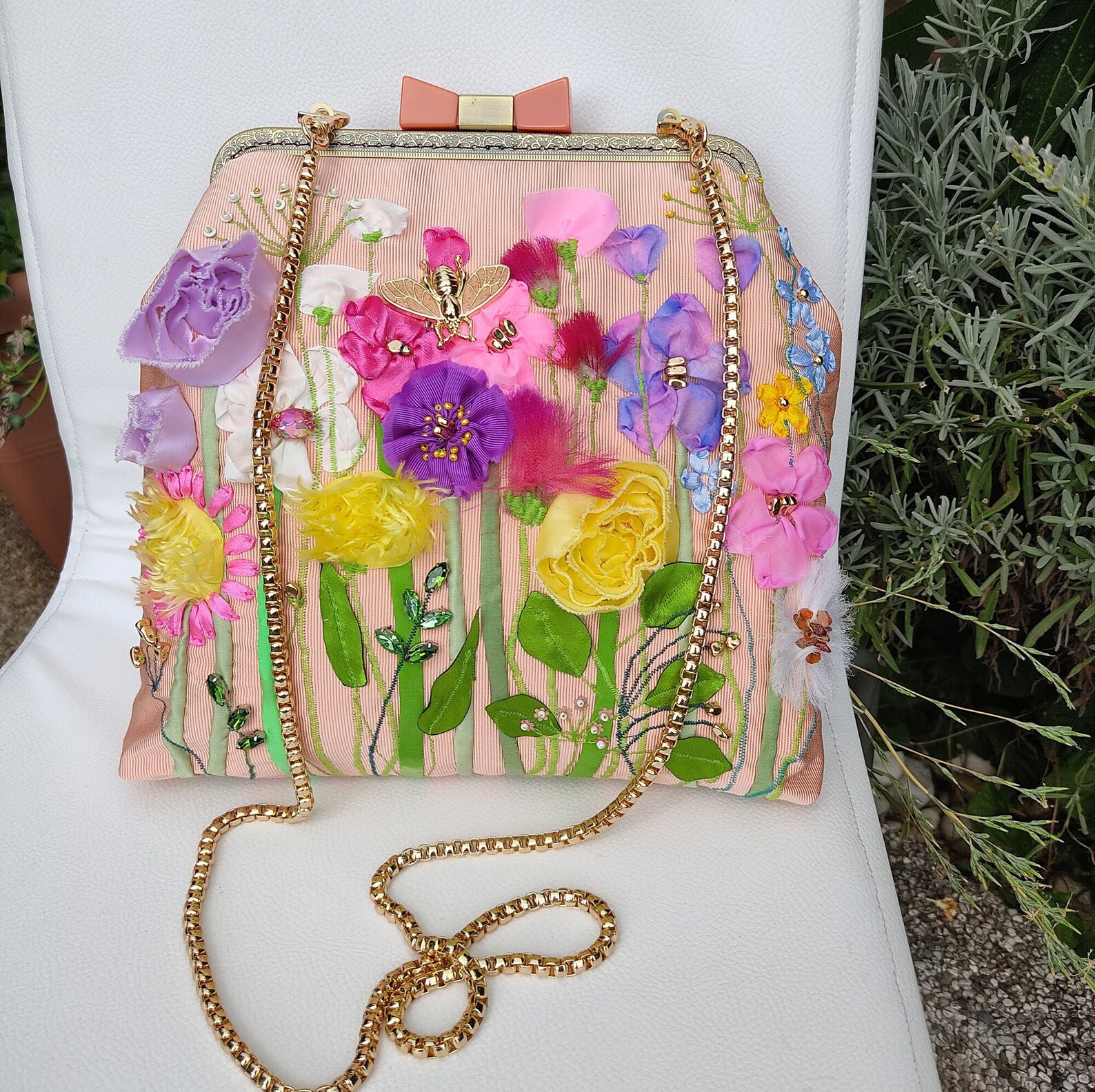 Silk ribbon embroidered Hand Bag purse with bow gold chain | Etsy