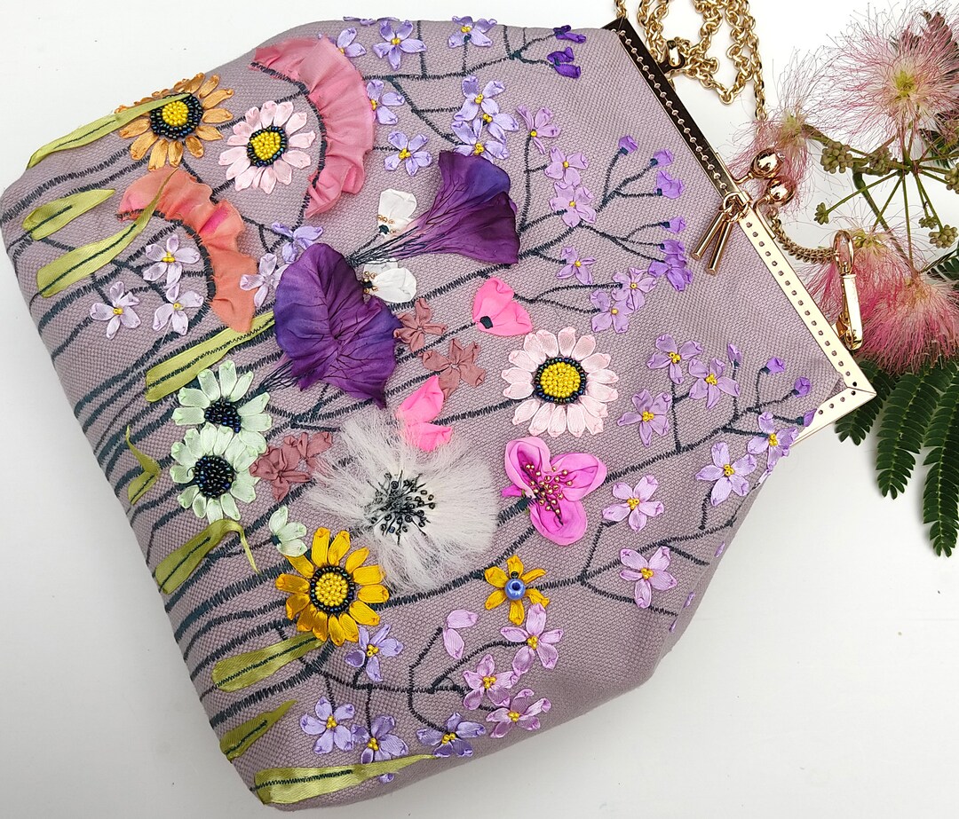 Misty Pink Hand Embroidered Evening Bag Handbag Wedding Silk Ribbon ...