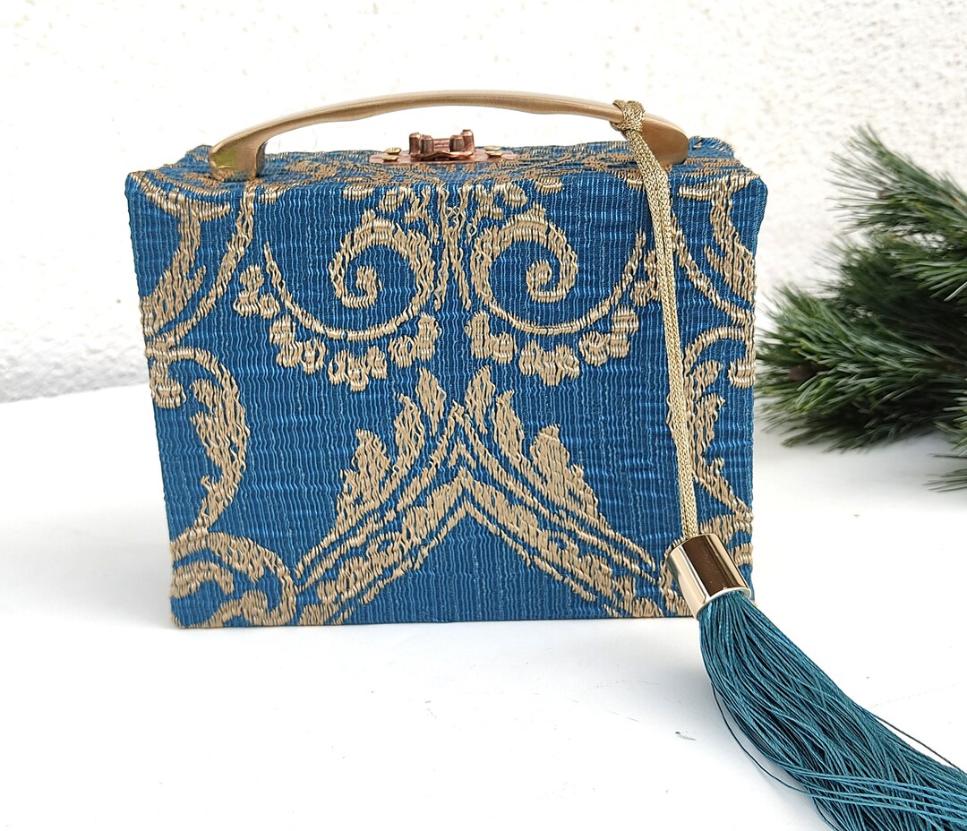 Square Bag Blue Gold Antique Marie Antoinette Purse, Vintage Handbag ...
