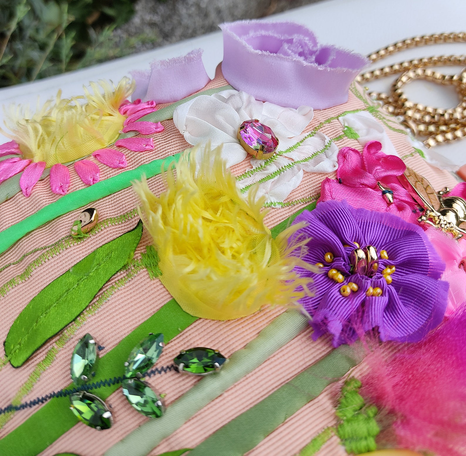 Silk ribbon embroidered Hand Bag purse with bow gold chain | Etsy