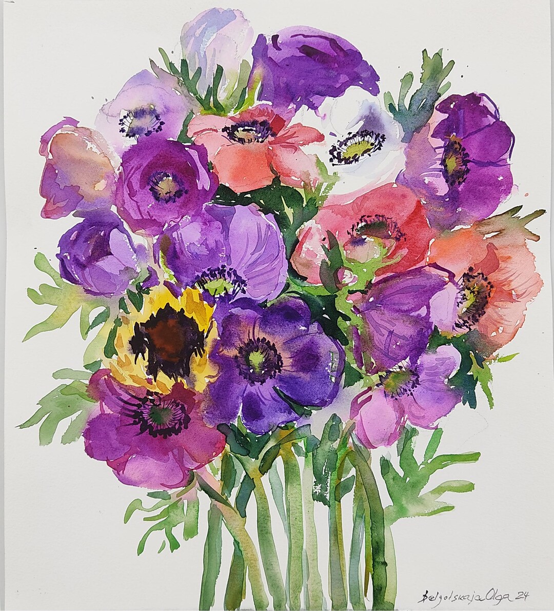 Colorful Anemone Flowers Hand-painting 12x14" Original Watercolor ...