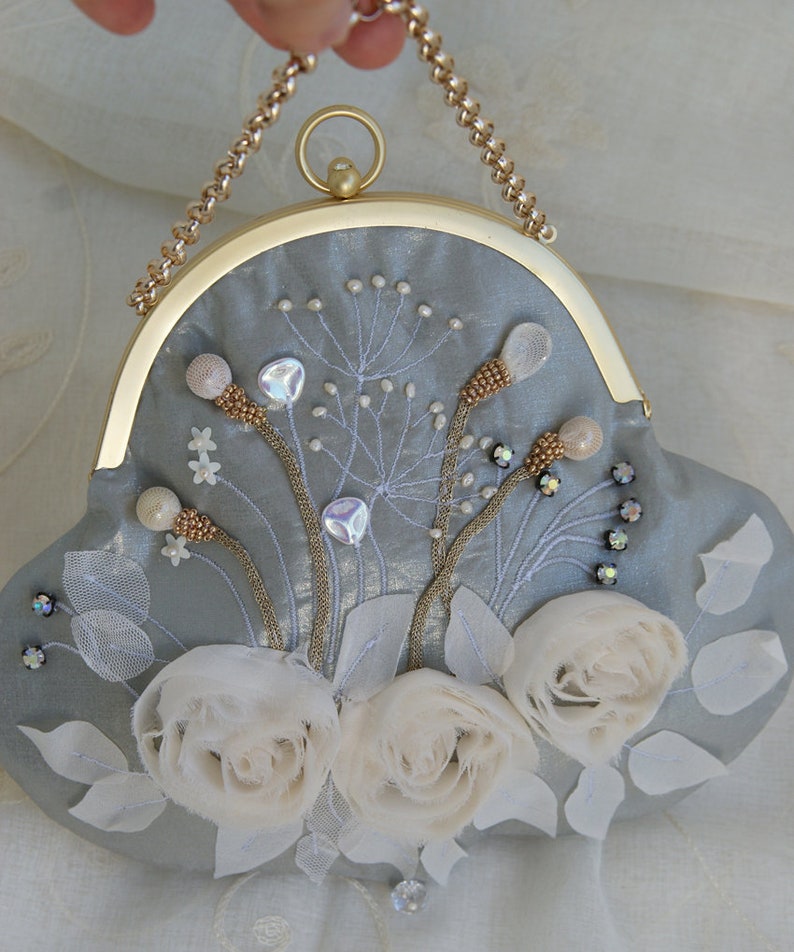 Silk Rose Embroidered Bridal Bag Victorian Silver Purse Pouch - Etsy