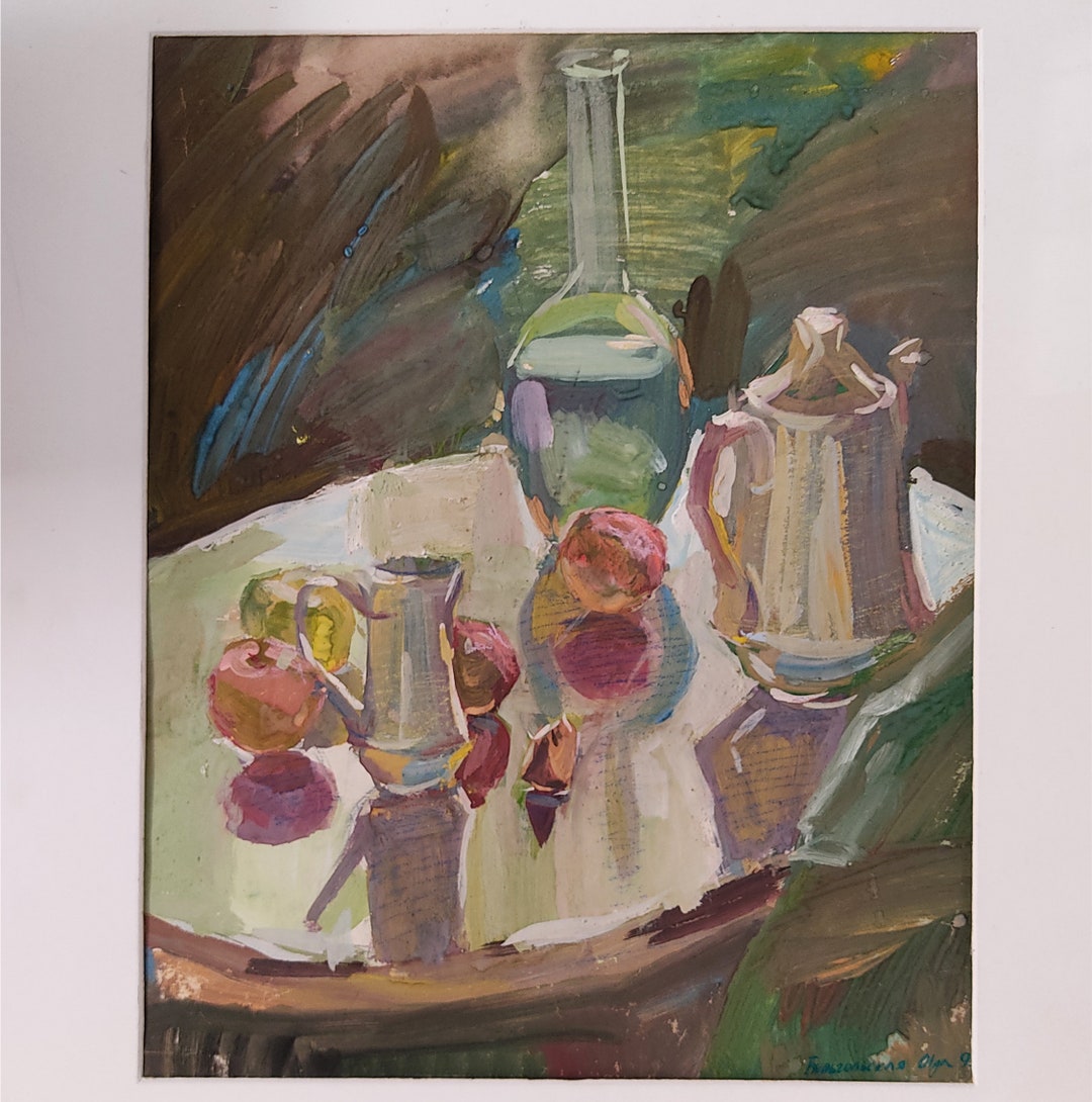 Gouache Painting Large Still Life With Glassware 16x20" Vintage Kitchen ...