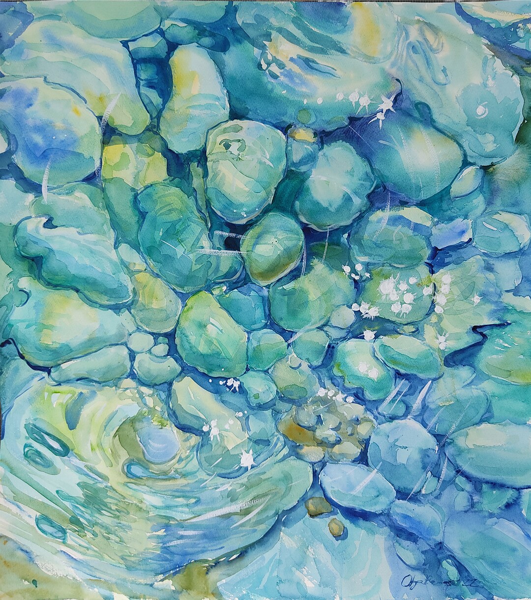 Large Watercolor Stones Under Water Reflection 22x25" Clear Waves ...