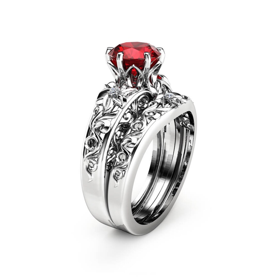 Natural Ruby Engagement Ring Set Wedding Ruby Ring With Matching Band ...