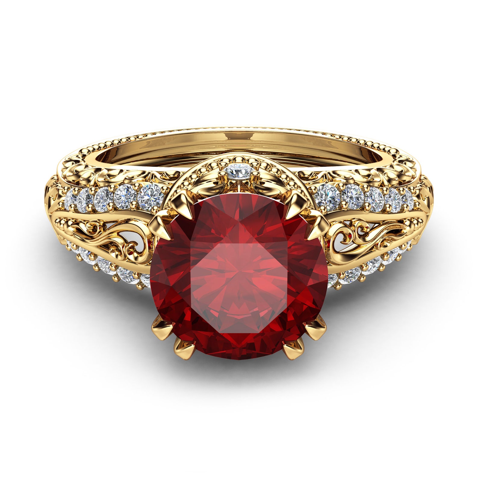 Unique Ruby Engagement Ring 14K Yellow Gold Vintage Ring | Etsy