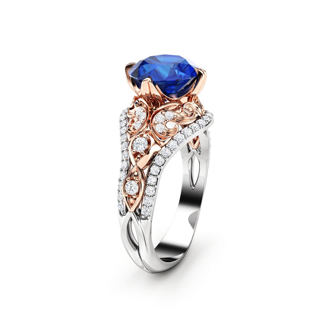 Unique Engagement Ring Blue Sapphire Engagement Ring 14K Two Tone Gold ...