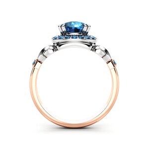 Blue Diamond Engagement Ring Unique Two Tone Gold Ring Halo Engagement ...