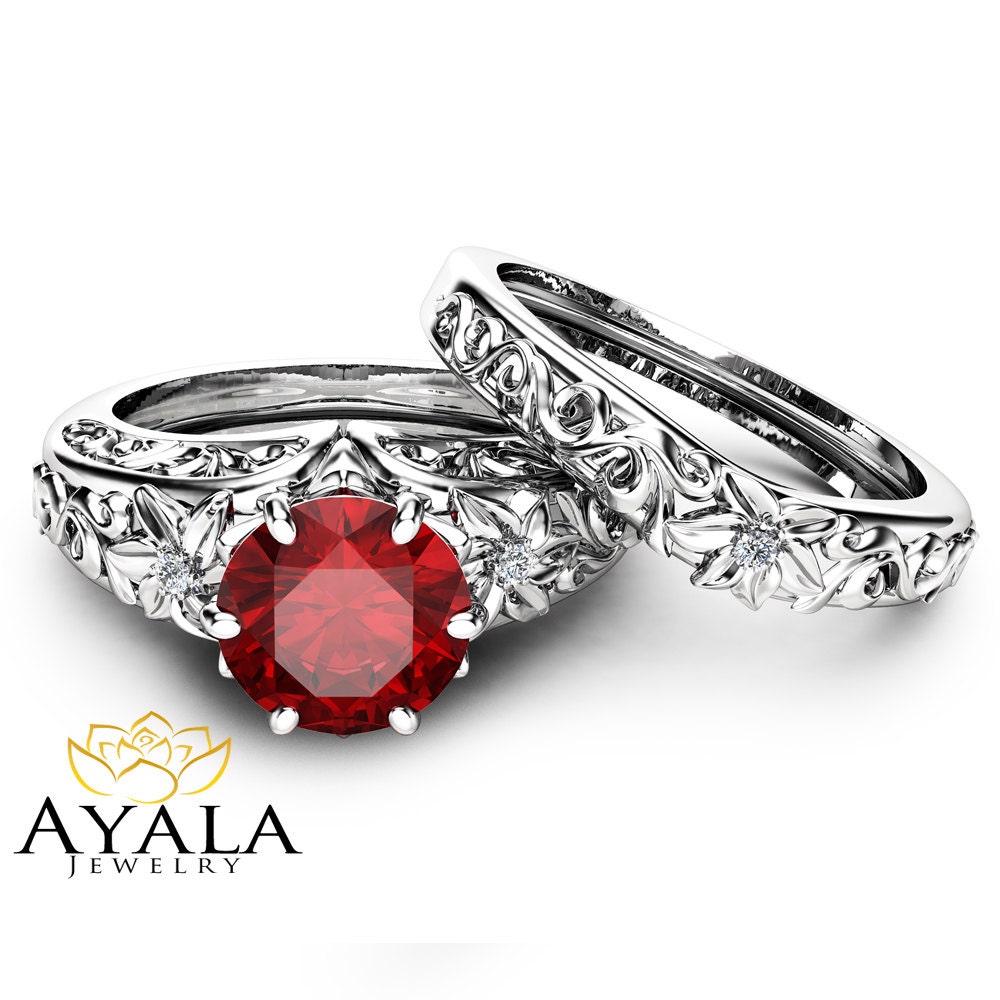 Natural Ruby Engagement Ring Set Wedding Ruby Ring With | Etsy