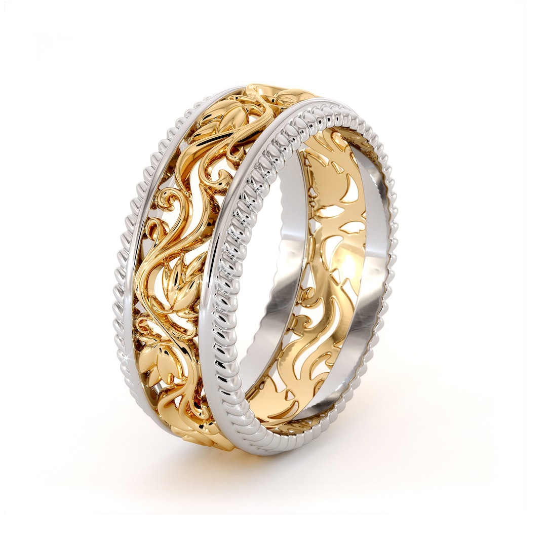 Two Tone Wedding Ring 14K Two Tone White & Yellow Gold Ring Unique ...