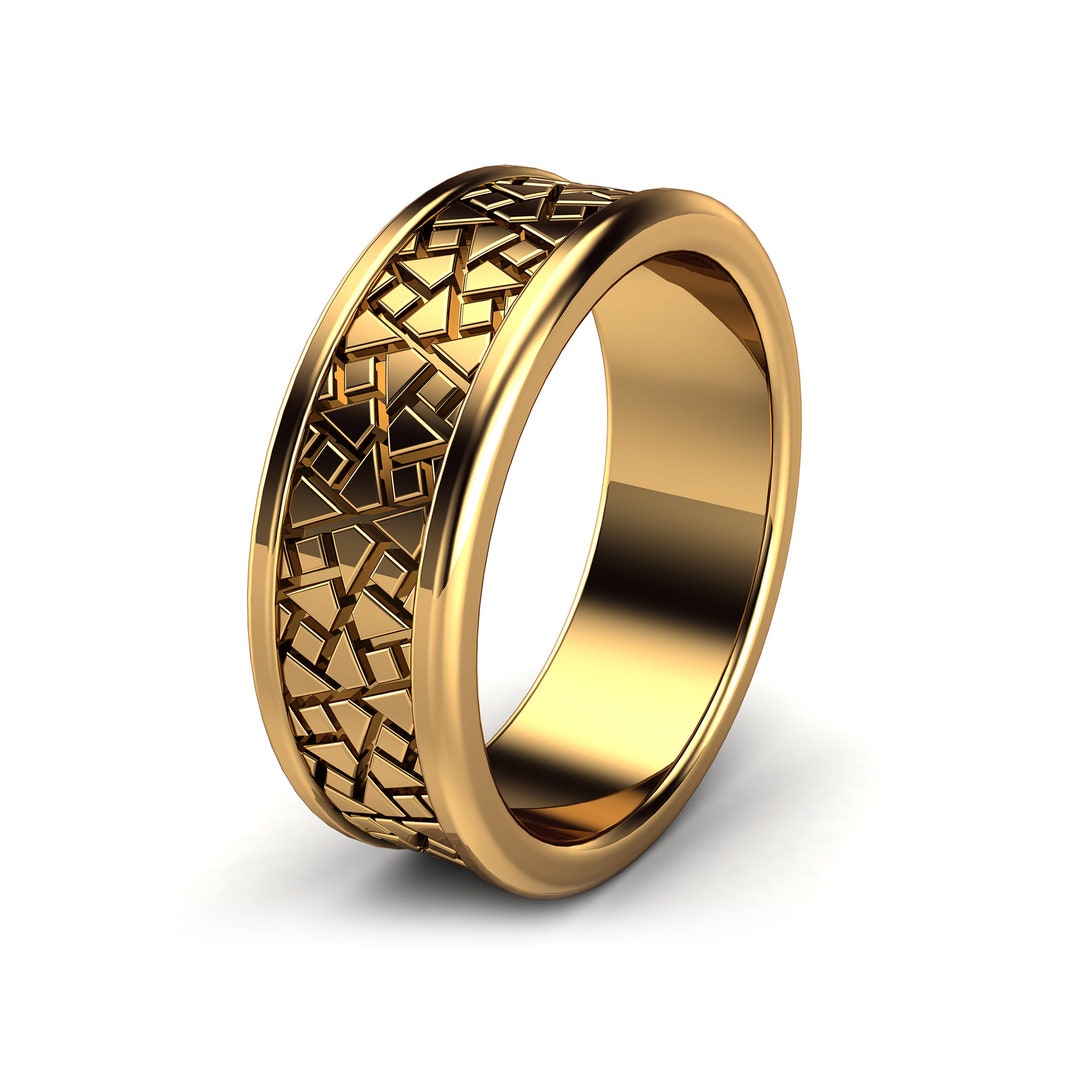 14K Solid Gold Pattern Ring Unique Mens Wedding Band - Etsy