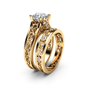 Unique 14K Gold Filigree Bridal Set Moissanite Engagement Ring Set - Etsy