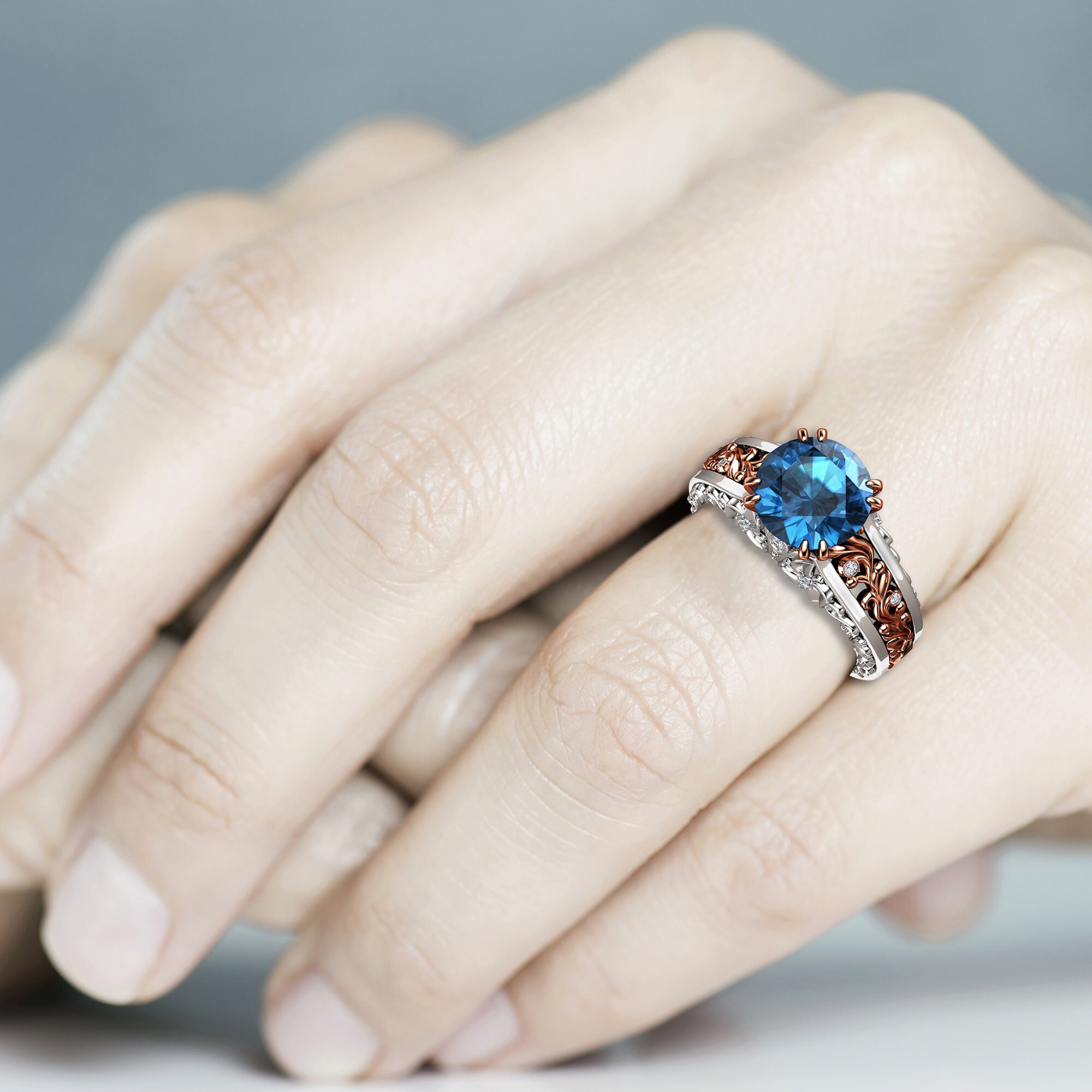 Filigree Blue Diamond Engagement Ring Vintage Inspired Ring | Etsy