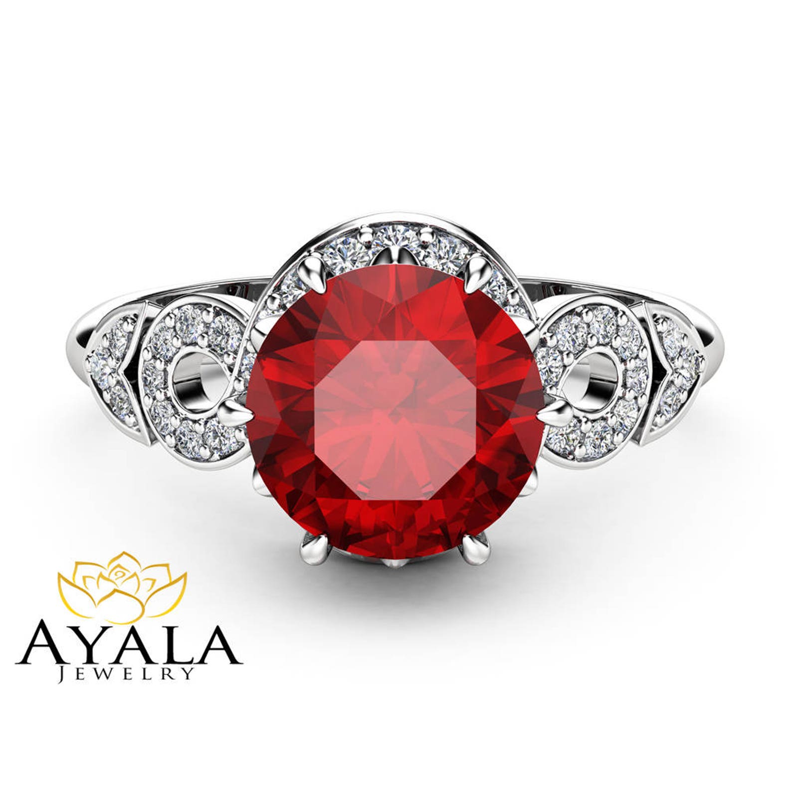 Unique Ruby Engagement Ring 14K White Gold Ring Twisted Halo - Etsy