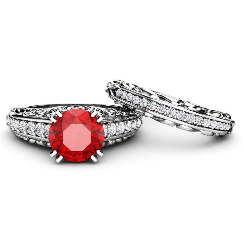Natural Ruby Engagement Ring and Wedding Band 14K White Gold. - Etsy