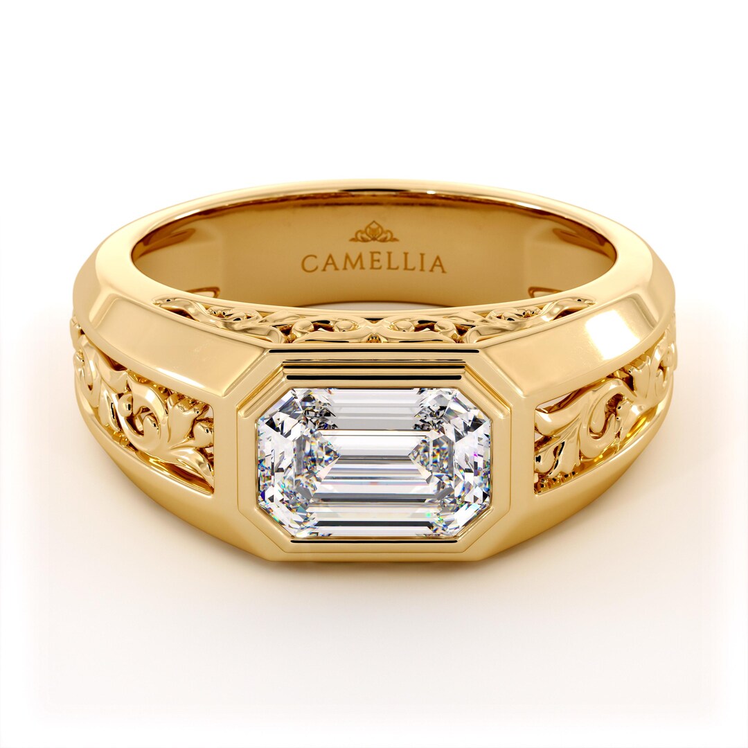 Gold Men’s Diamond Ring With Emerald Cut Lab Grown Diamond - Etsy