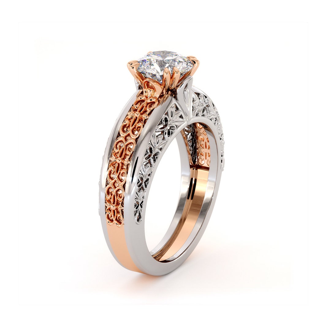 Magnificent Moissanite Engagement Ring 2 Tone Solid Gold Ring Filigree ...