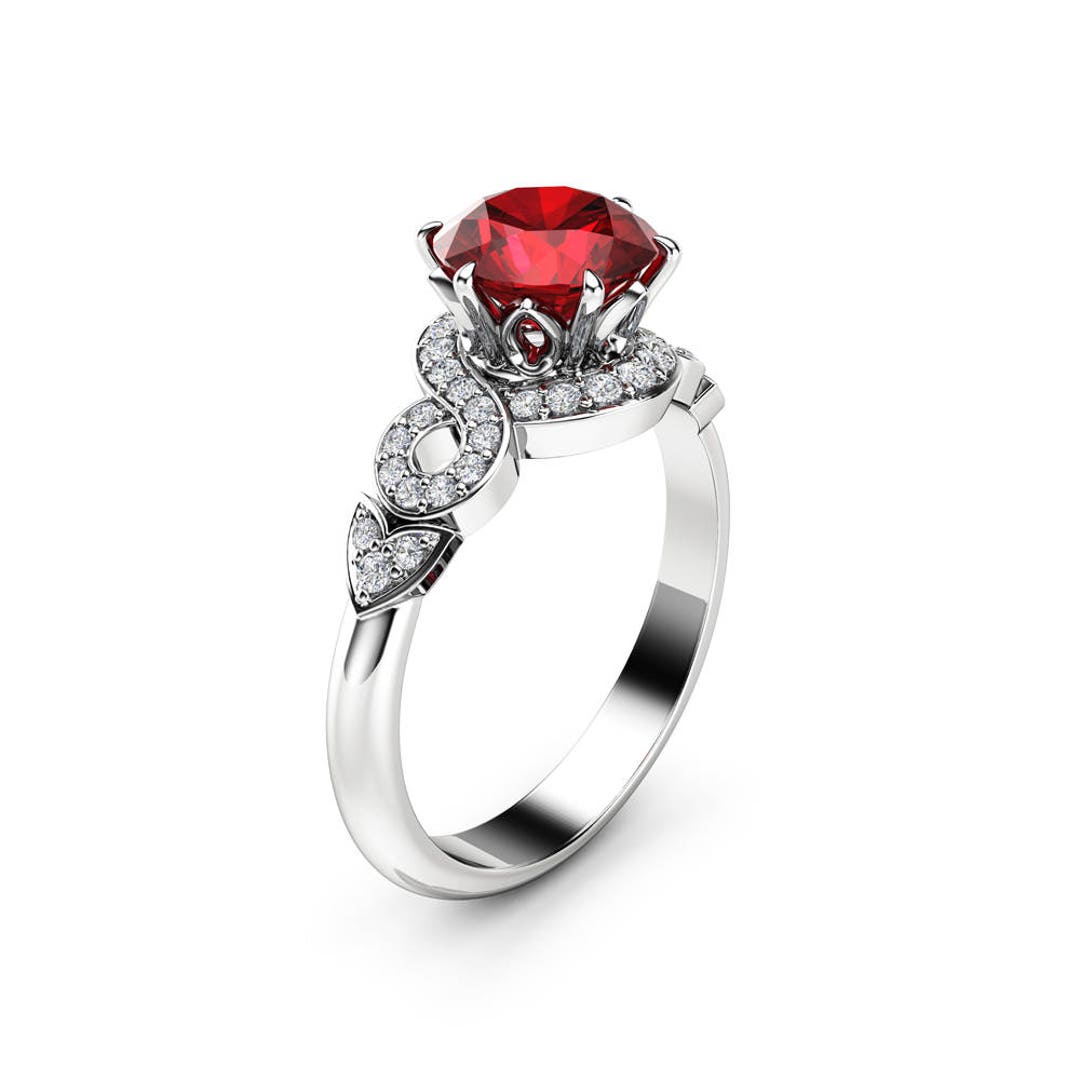 Unique Ruby Engagement Ring 14K White Gold Ring Twisted Halo Ring ...