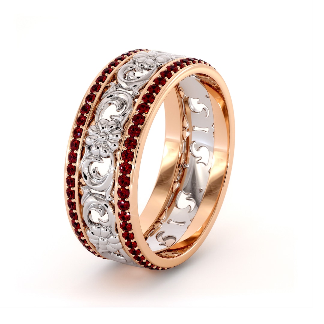 Unique Natural Ruby Wedding Band 14K Two Tone Gold Ring Unique Wedding ...