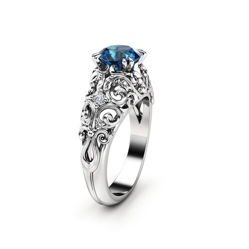 Unique Blue Diamond Engagement Ring Set White Gold Ring - Etsy