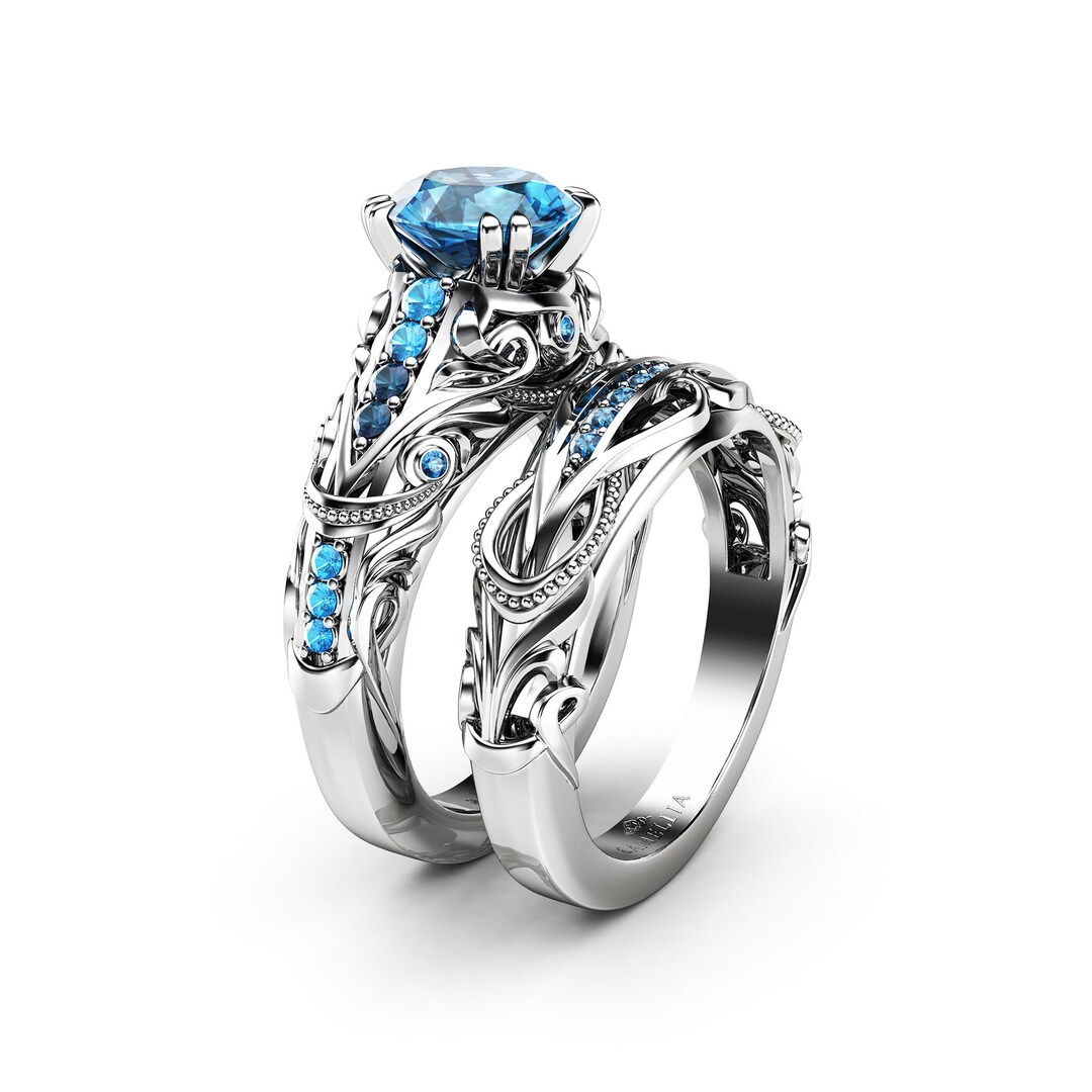 Unique Blue Diamond Engagement Ring Set White Gold Ring Filigree Ring ...