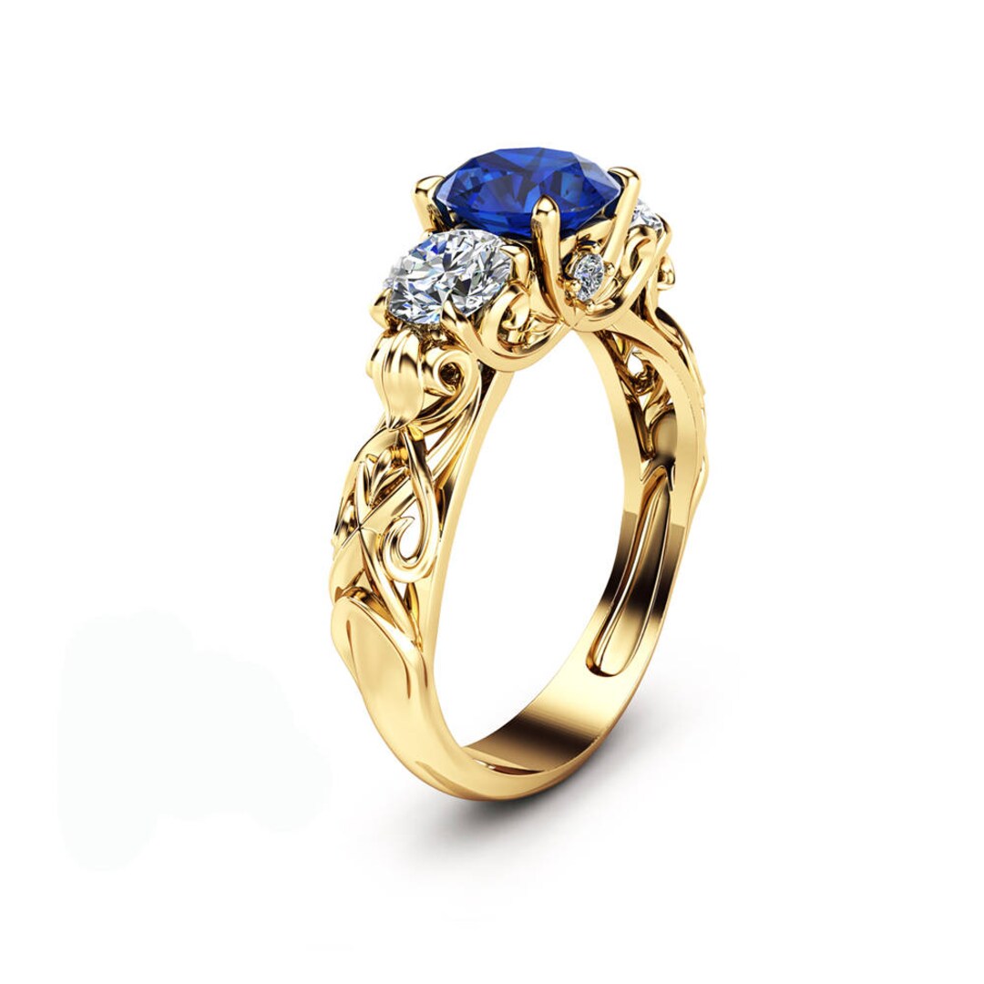 Three Stone Sapphire Engagement Ring Unique Engagement Ring in 14K ...
