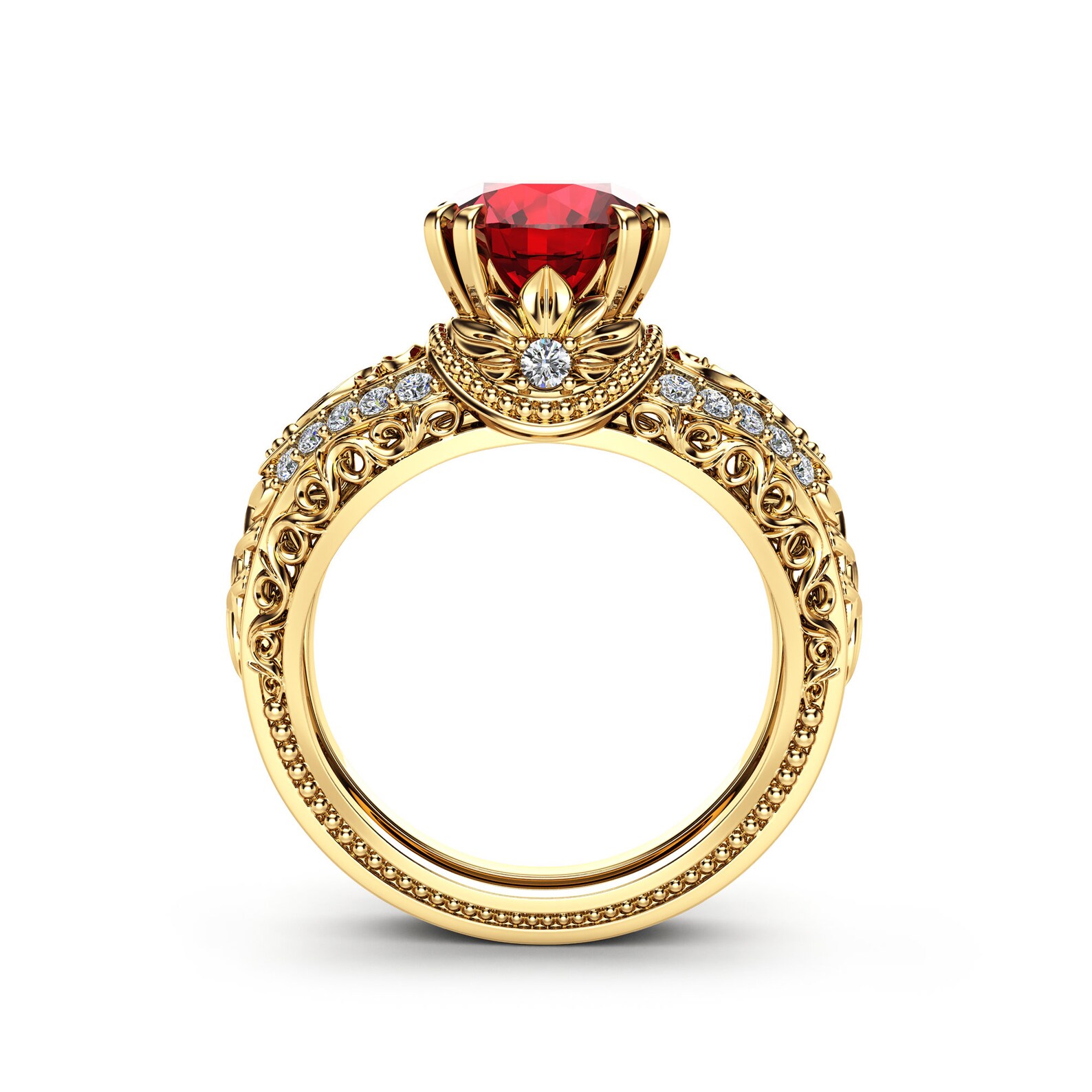 Unique Ruby Engagement Ring 14K Yellow Gold Vintage Ring - Etsy