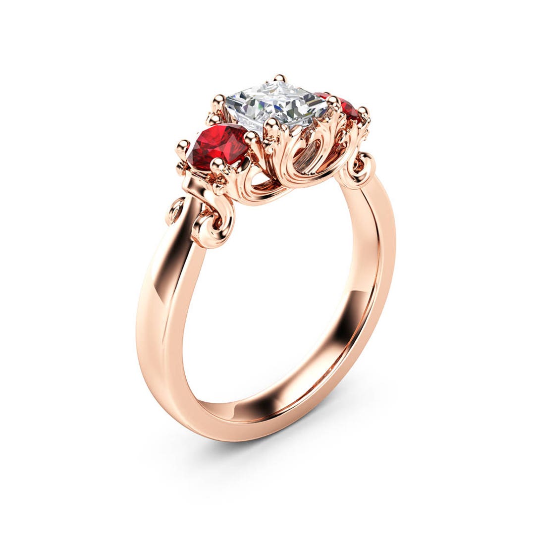 Three Stone Diamond Ruby Engagement Ring Classic Rose Gold Promise Ring Princess Diamond ...