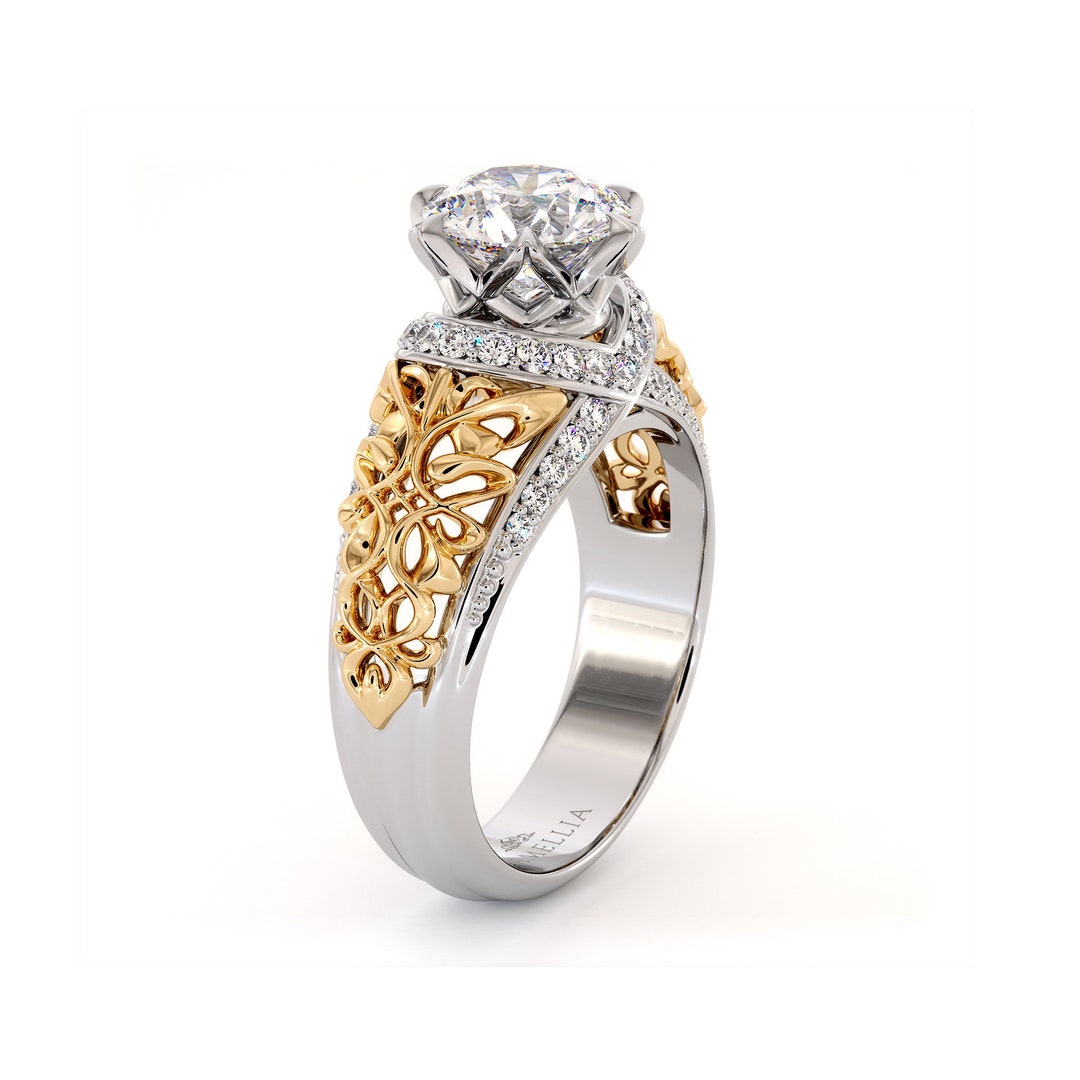 Royal Two Toned Gold Engagement Ring Diamonds Ring Round 1.55 Ct ...
