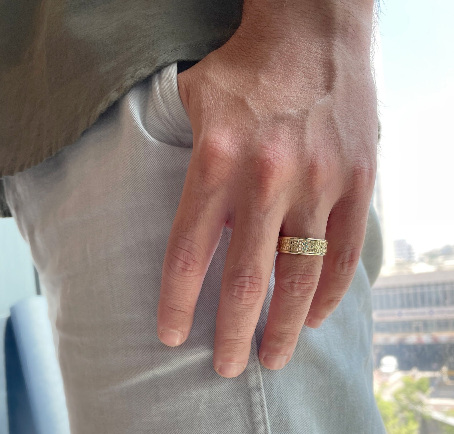 14K Solid Gold Pattern Ring Unique Mens Wedding Band - Etsy